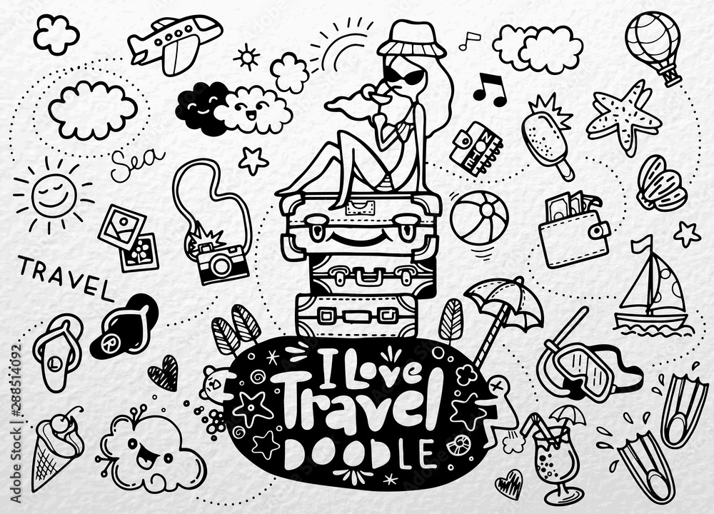 Vetor de I love travel , Vector illustration of travel doodles sketch ...