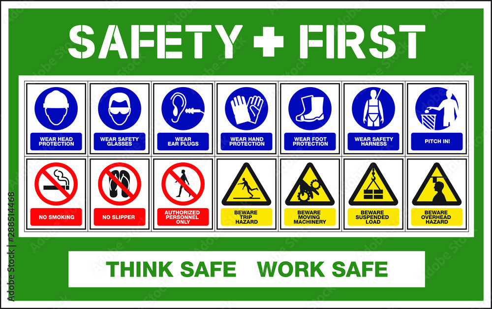 Safety First warning sign, WEAR head/foot/hand protection, safety ...