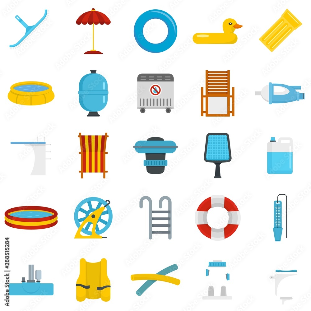 Pool equipment icon set. Flat set of pool equipment vector icons for ...