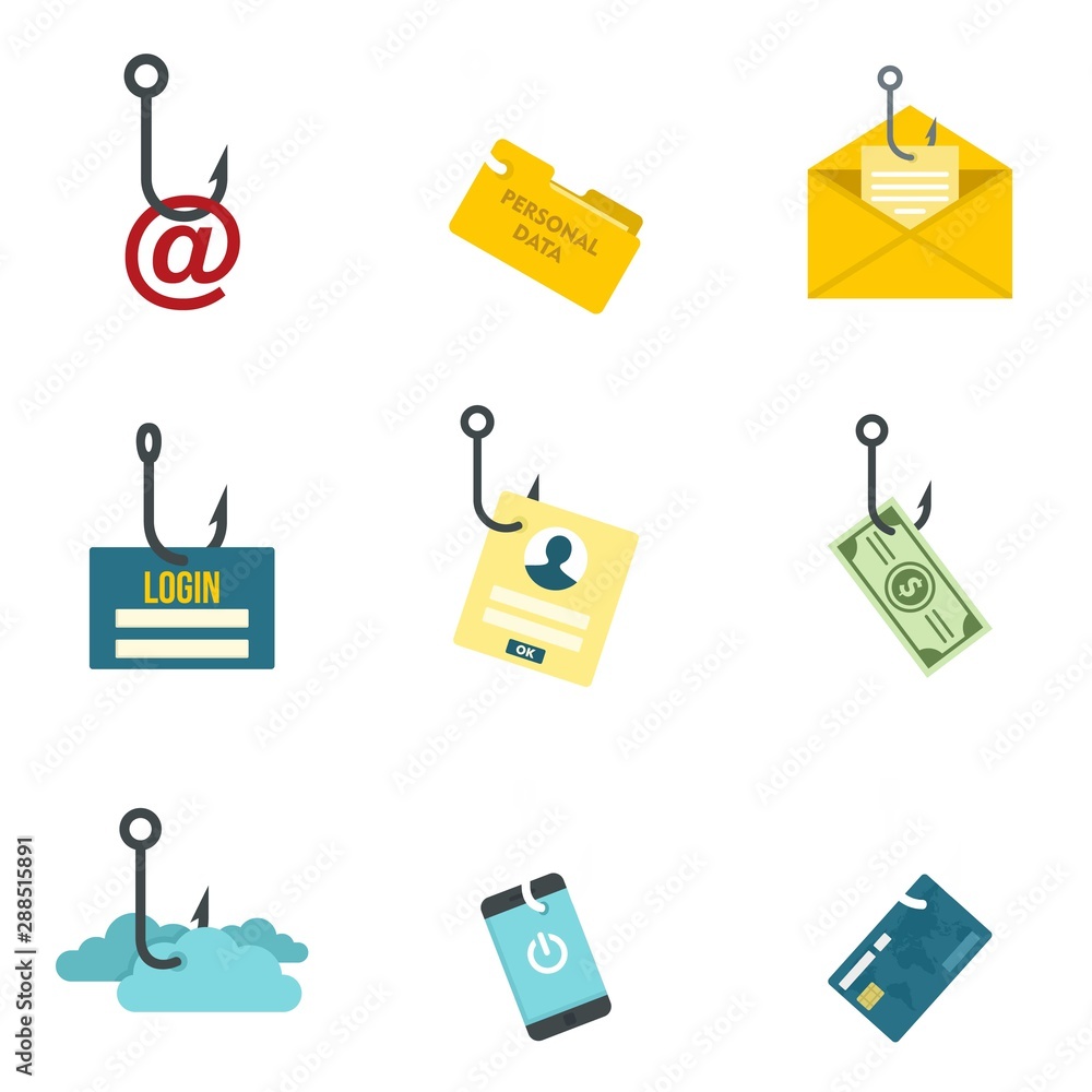 Phishing icon set. Flat set of phishing vector icons for web design ...