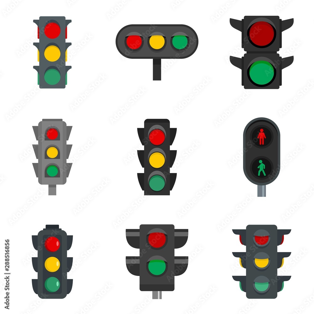 Traffic lights icon set. Flat set of traffic lights vector icons for ...