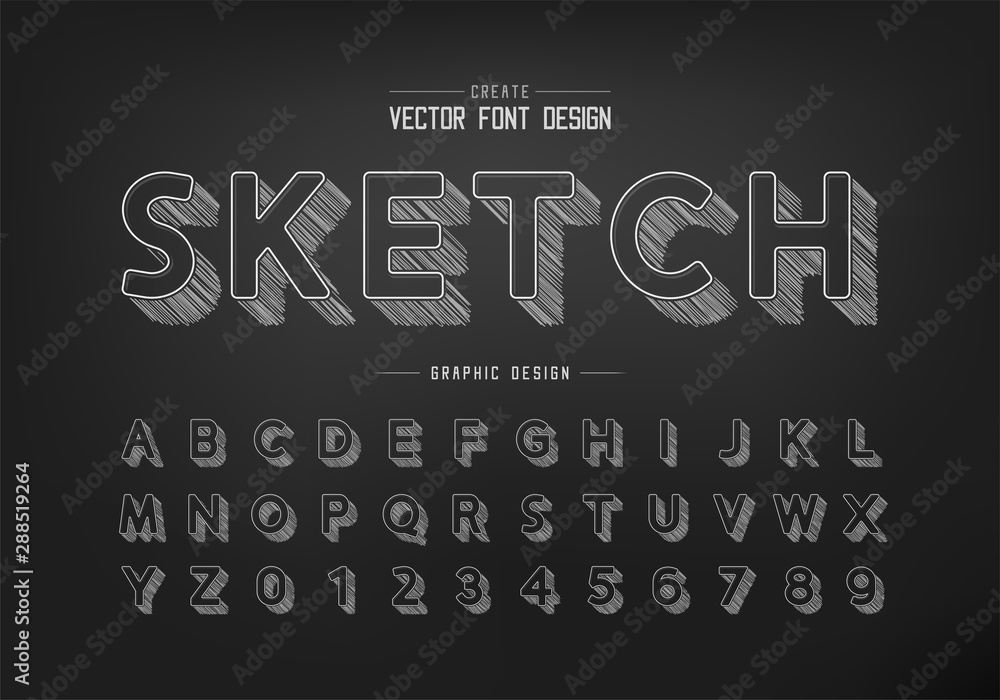 Pencil sketch shadow font and round alphabet vector, Chalk design ...