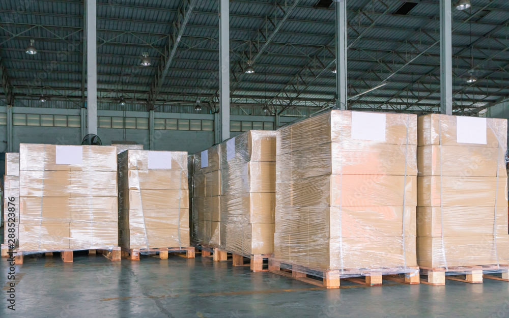 Packaging Boxes Wrapped Plastic Film on Pallets in Storage Warehouse ...