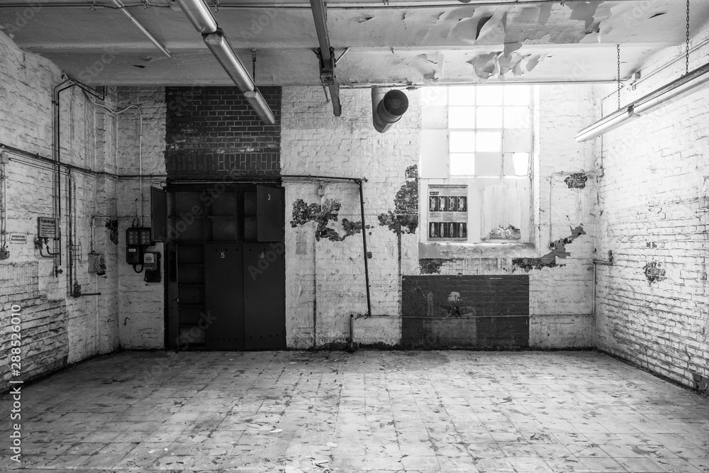 Black and white tone, interior view of empty abandon room with damaged ...