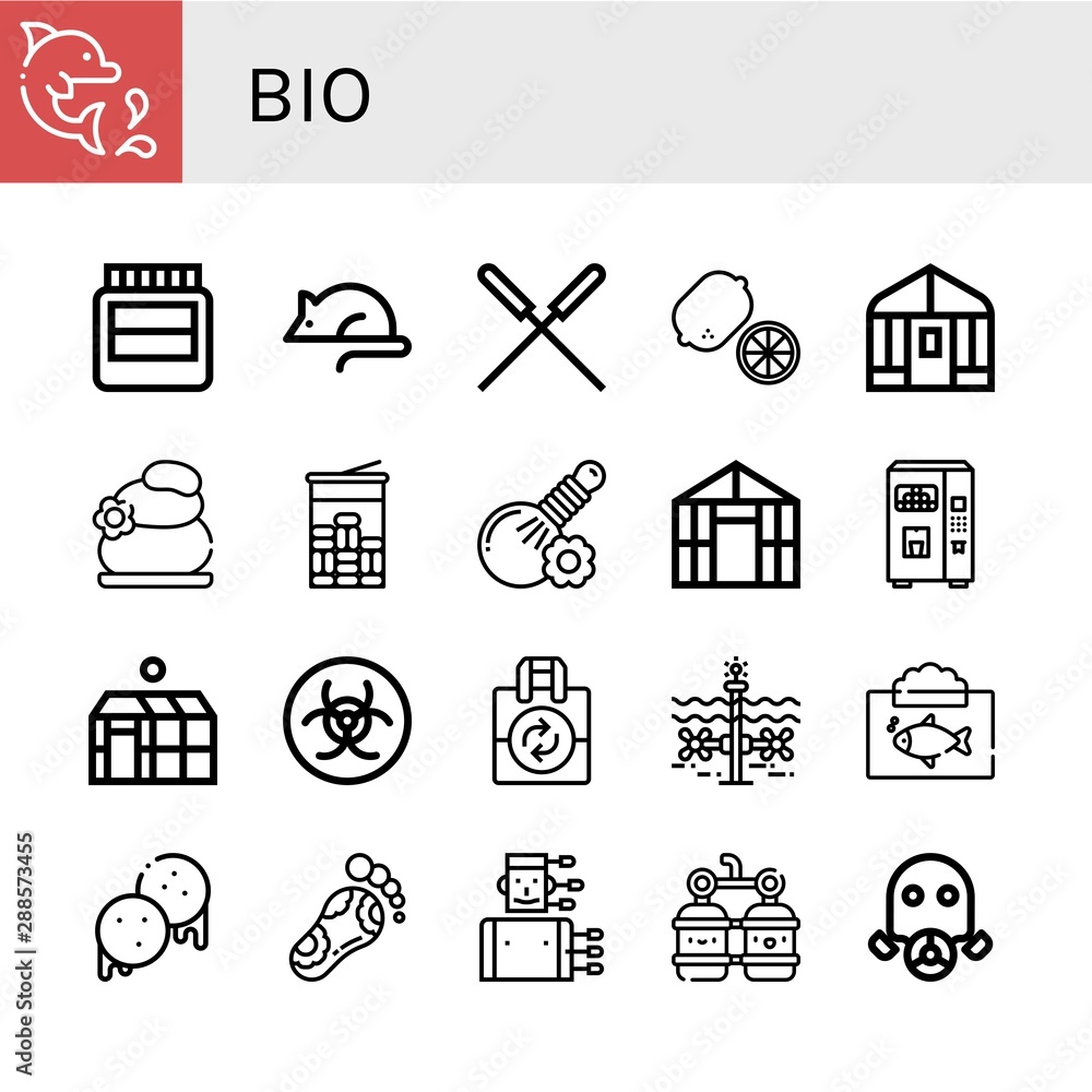 Set of bio icons such as Dolphin, Hormones, Animal testing, Acupuncture ...