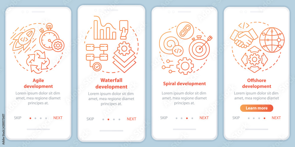 Software development methodologies onboarding mobile app page screen vector template ...
