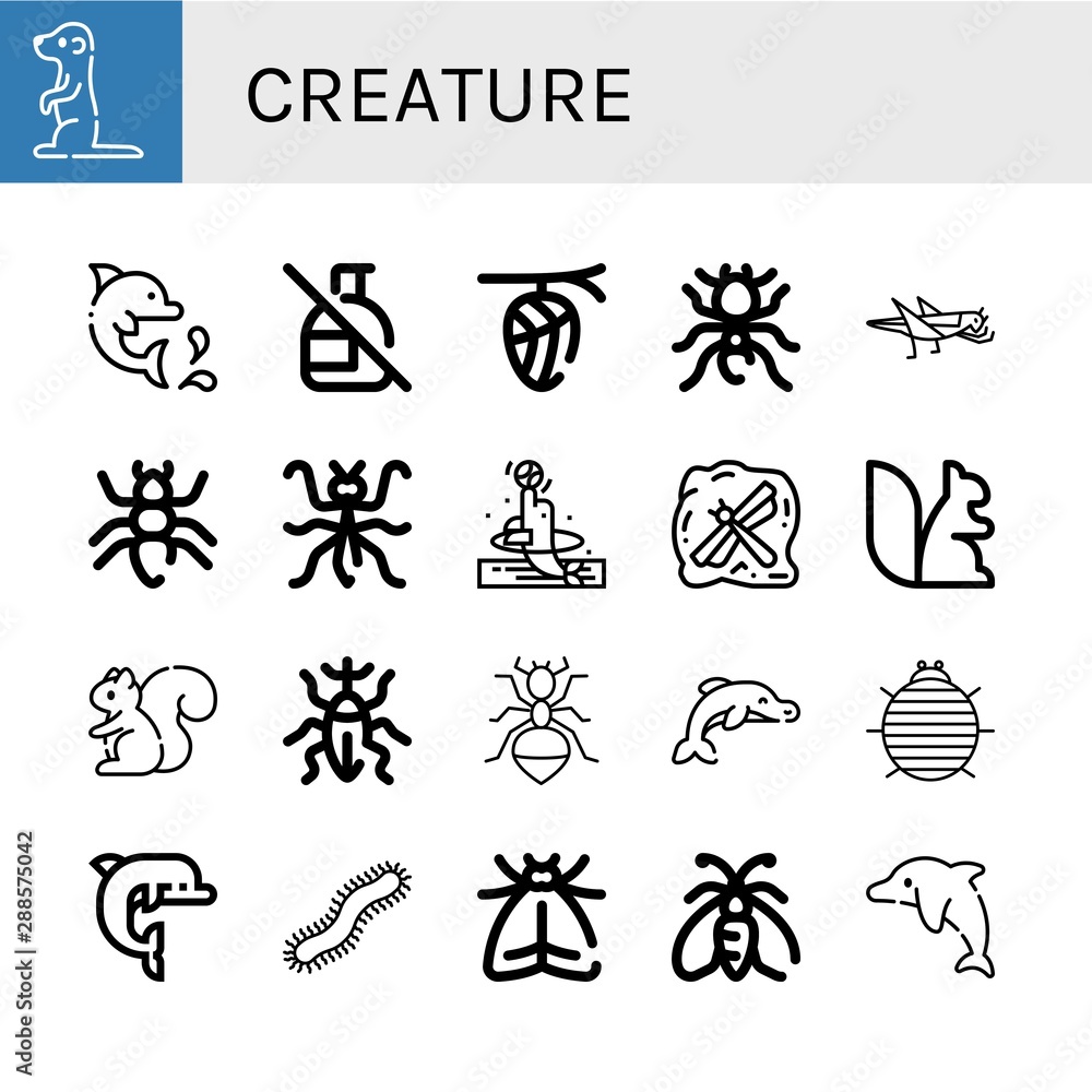 Set of creature icons such as Meerkat, Dolphin, No spray, Cocoon ...