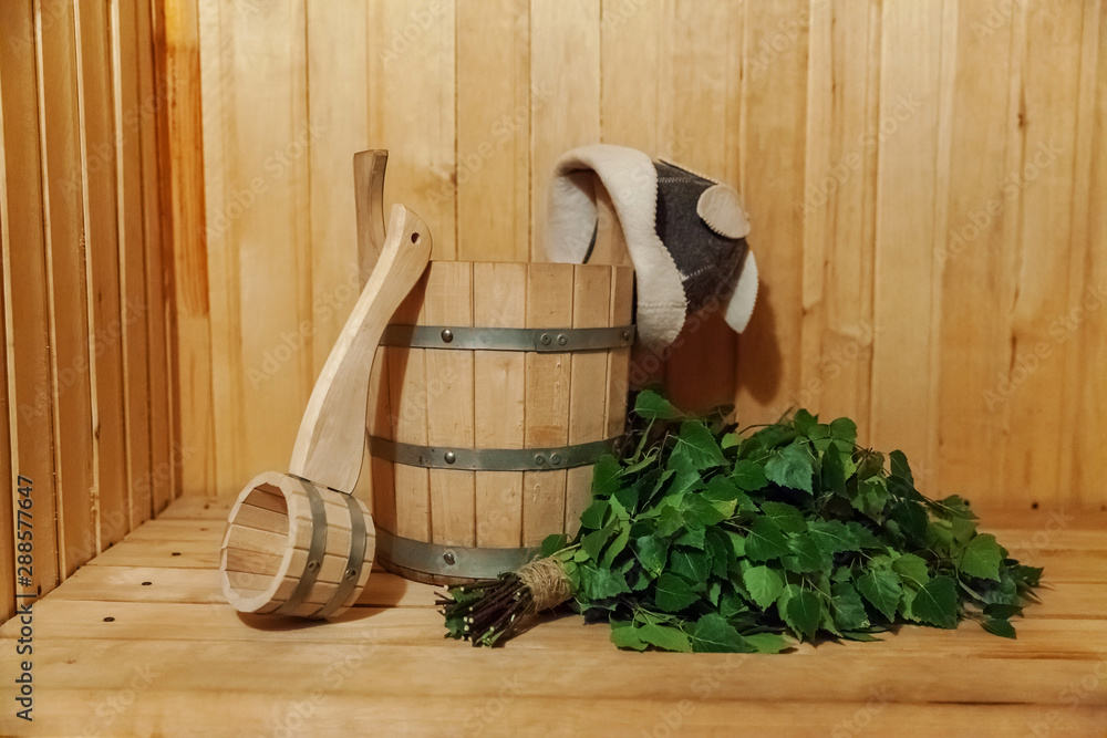 Interior details Finnish sauna steam room with traditional sauna ...