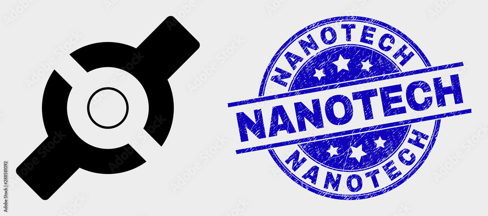 Vector artificial joint icon and Nanotech seal stamp. Red rounded scratched stamp with Nanotech ...