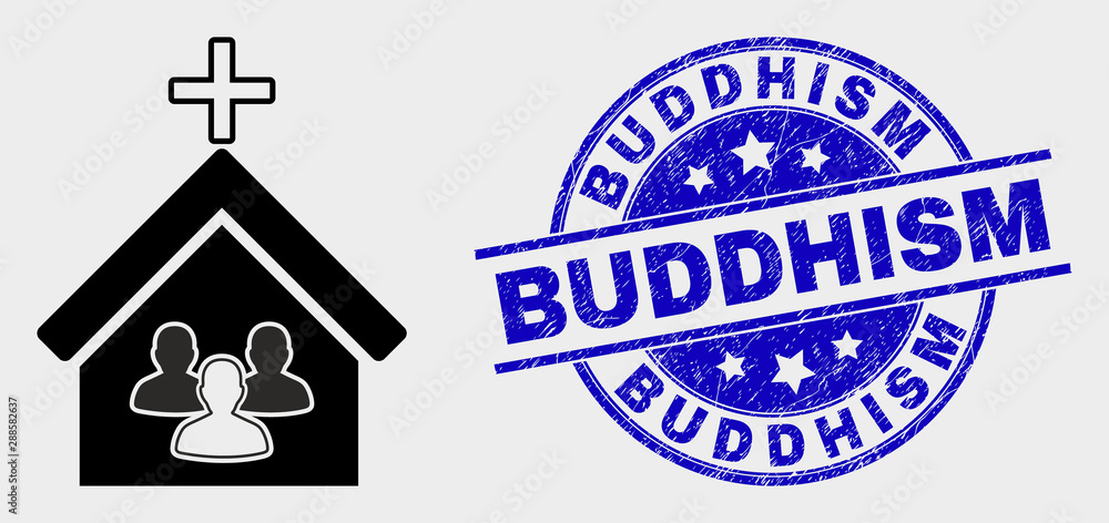 Vector church people icon and Buddhism seal. Red rounded textured seal with Buddhism text ...