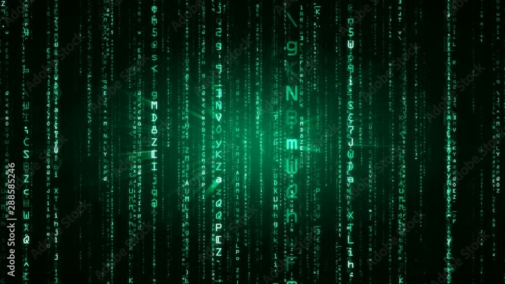 The Matrix style binary code. The camera moves through falling numbers ...