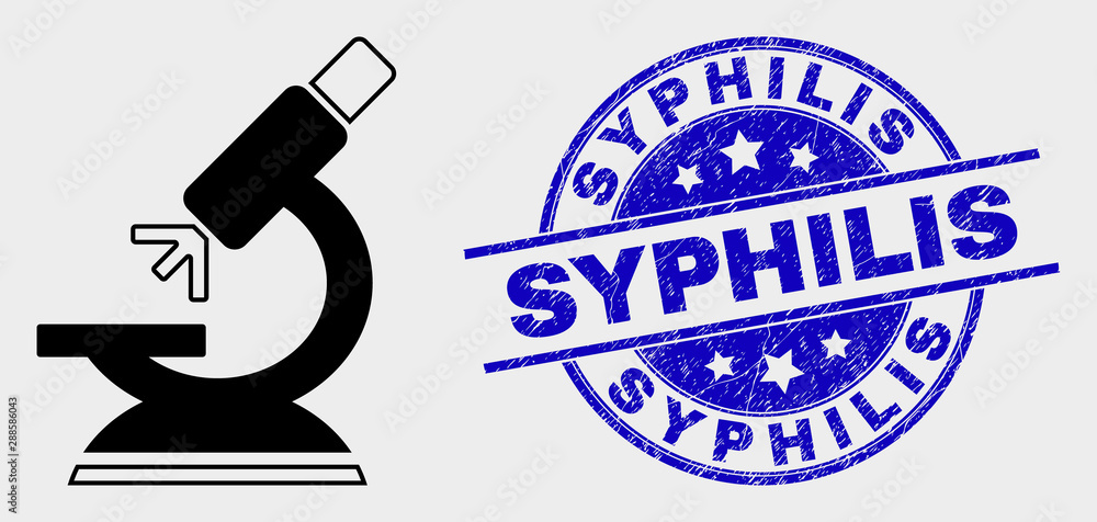 Vector microscope icon and Syphilis seal stamp. Red rounded grunge seal ...