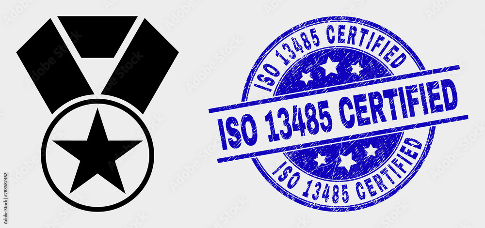 Vector star award icon and ISO 13485 Certified seal. Red rounded ...