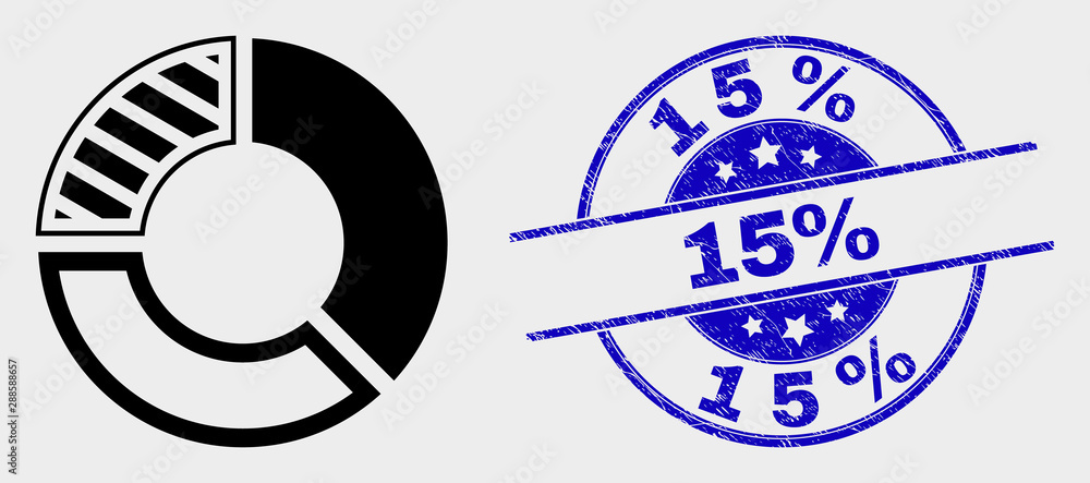 Vector pie chart icon and 15% seal. Red round scratched seal with 15% ...