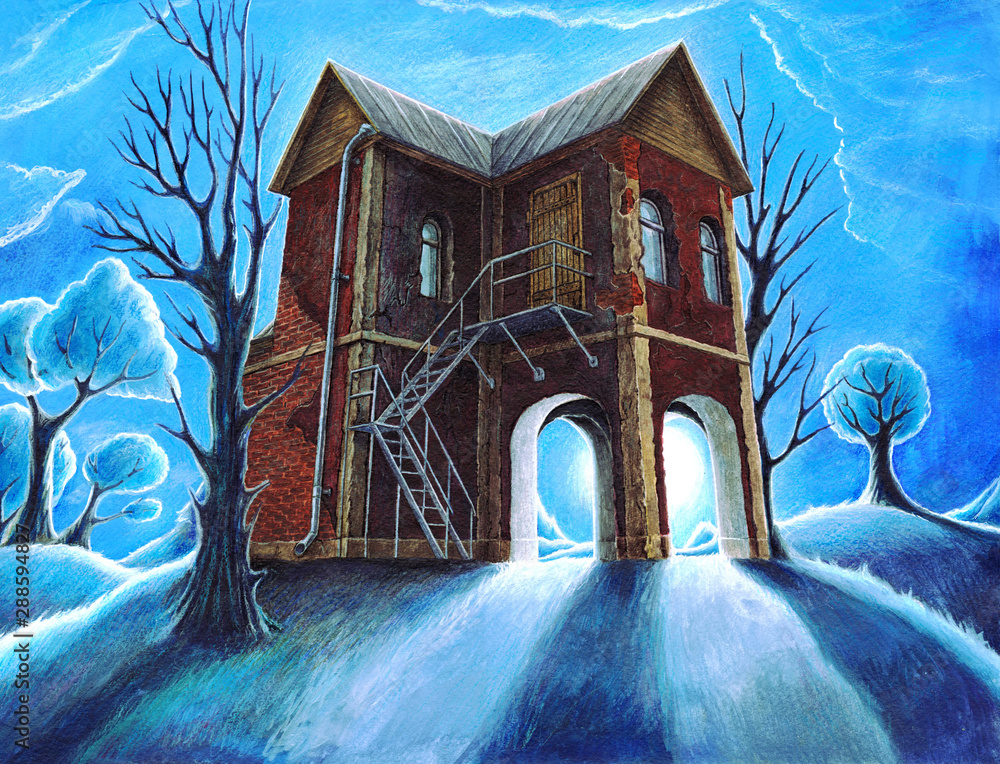 Gouache painting, night forest landscape background with home, moon ...