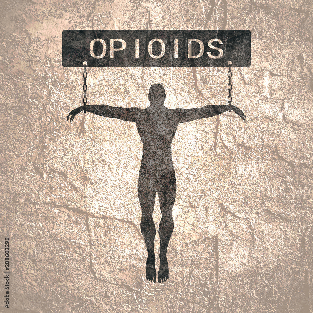 Man chained to opioids word. Unhealthy addiction metaphor. Stock ...
