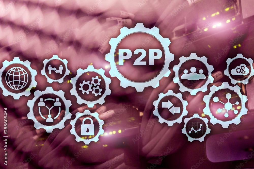 Peer to peer. P2P on the virtual screen with a server room background ...