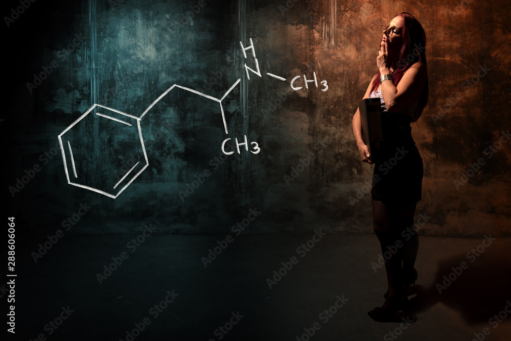 Sexy girl or secretary or female student presenting handdrawn chemical ...