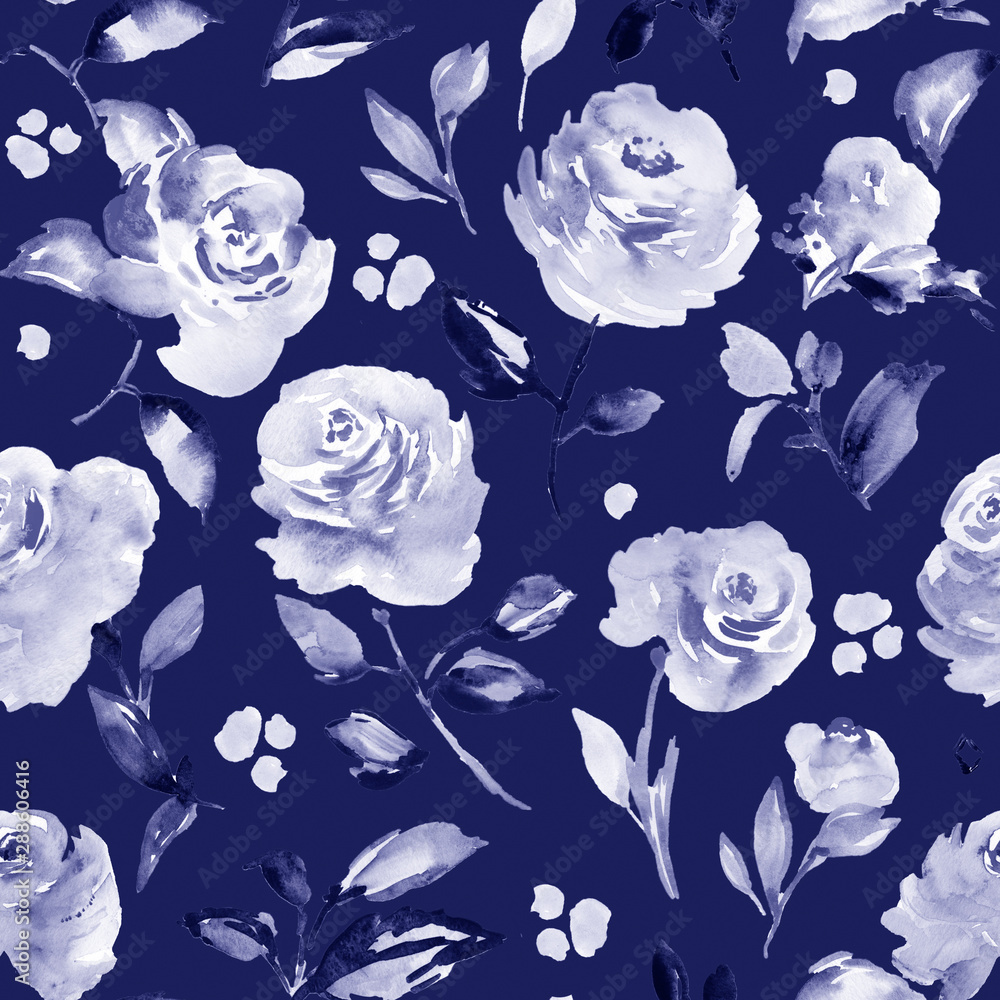 Indigo Blue Watercolor Flower Wallpaper Background. Seamless Floral ...