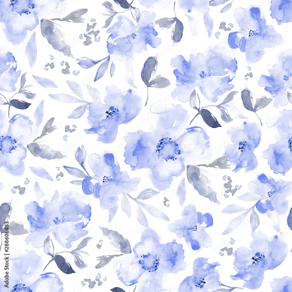 Indigo Blue Watercolor Flower Wallpaper Background. Seamless Floral ...