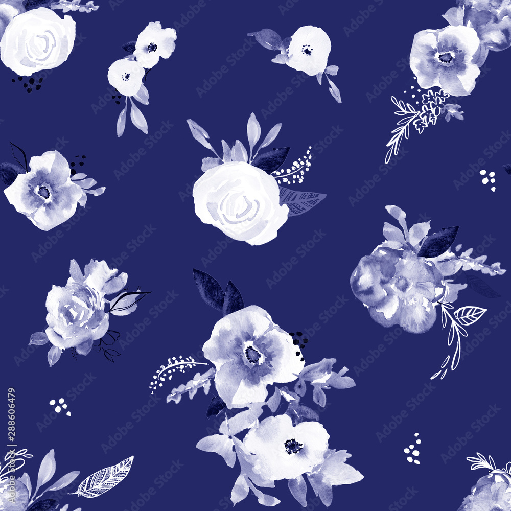 Indigo Blue Watercolor Flower Wallpaper Background. Seamless Floral ...