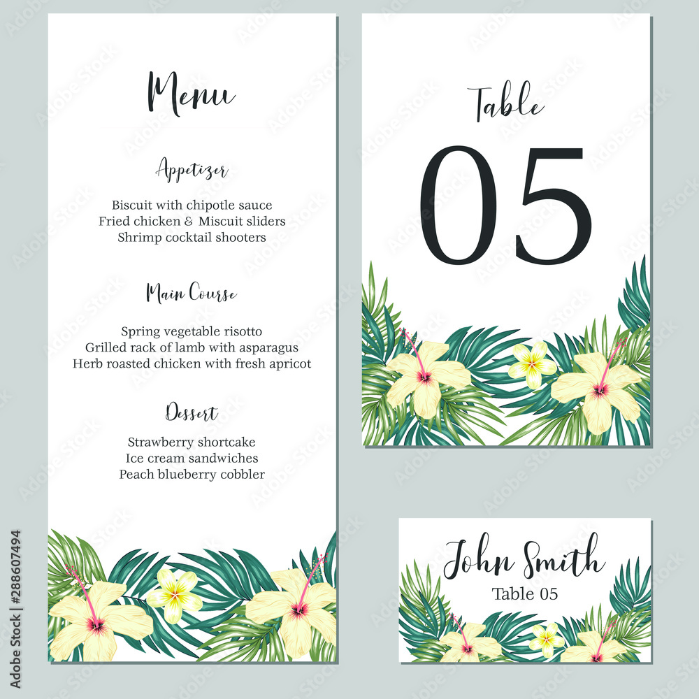 Photo & Art Print Table menu card template with hibiscus palm bouquet ...