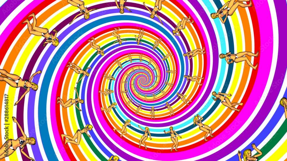 Seamless animation of a colorful swirl of dancing bikini girls. Funny ...