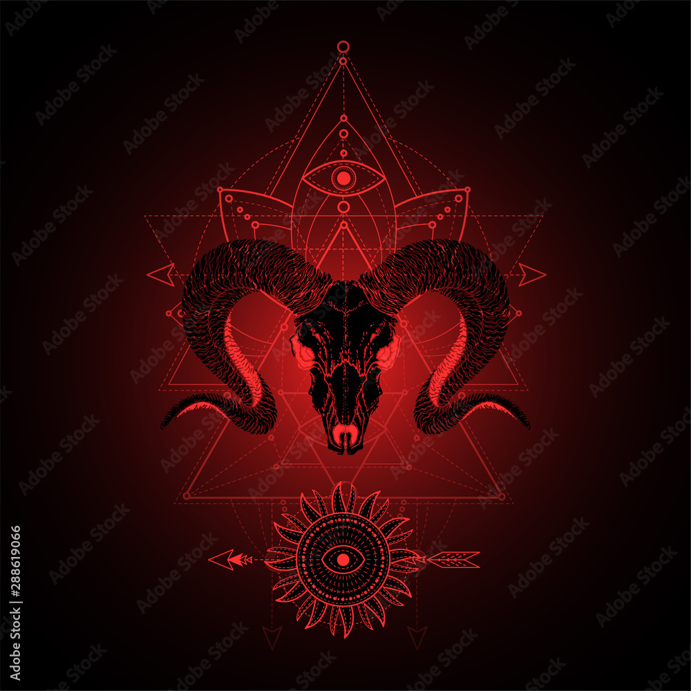 Vector illustration with hand drawn wild ram skull and Sacred geometric ...