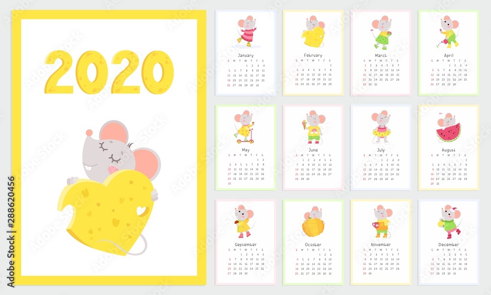 2020 calendar with mice flat vector templates set. Cute little rats ...