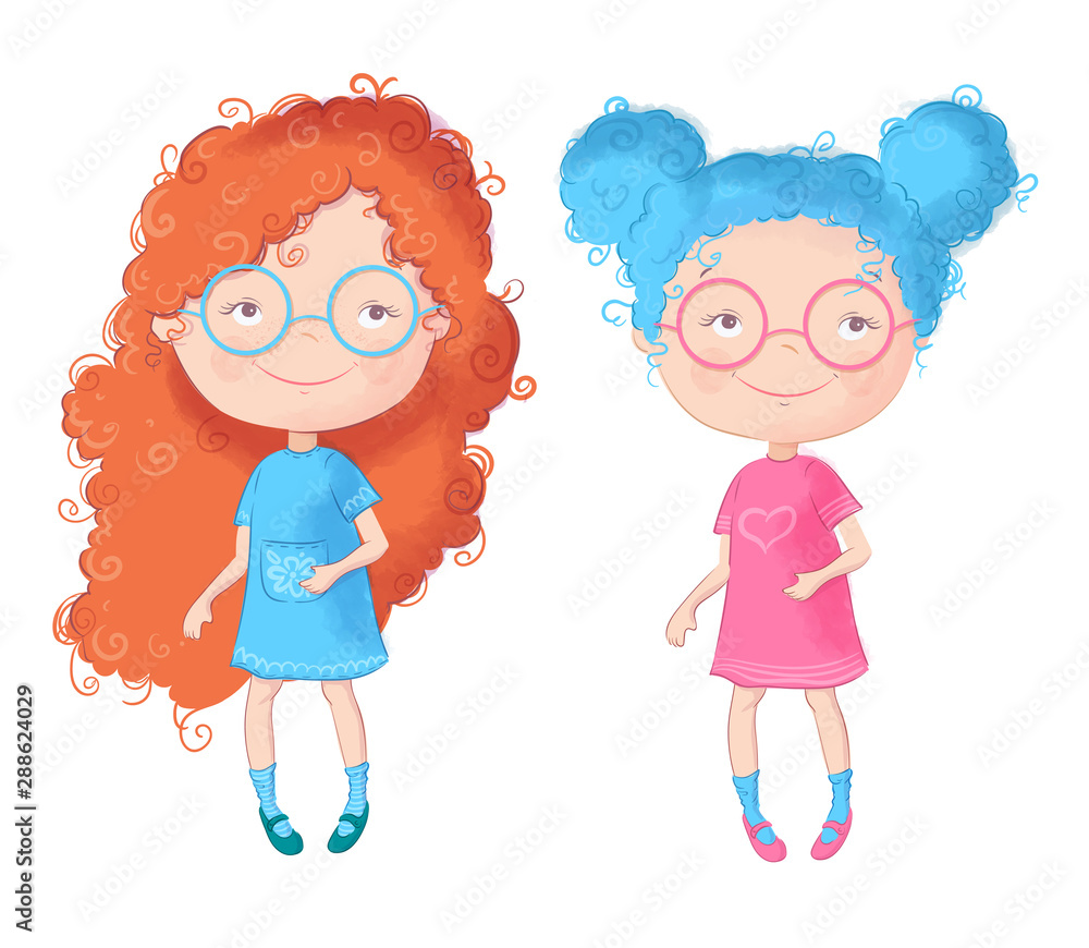 Cute cartoon two girls. Vector illustration Stock Vector | Adobe Stock