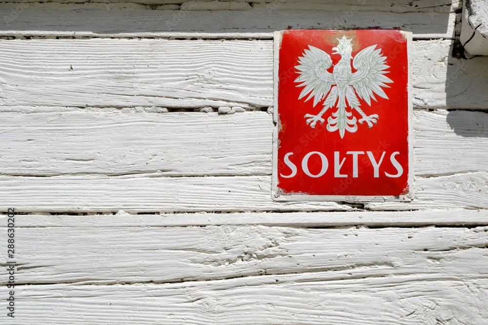 Information board with coat of arms of Poland and VILLAGE MAYOR (polish ...