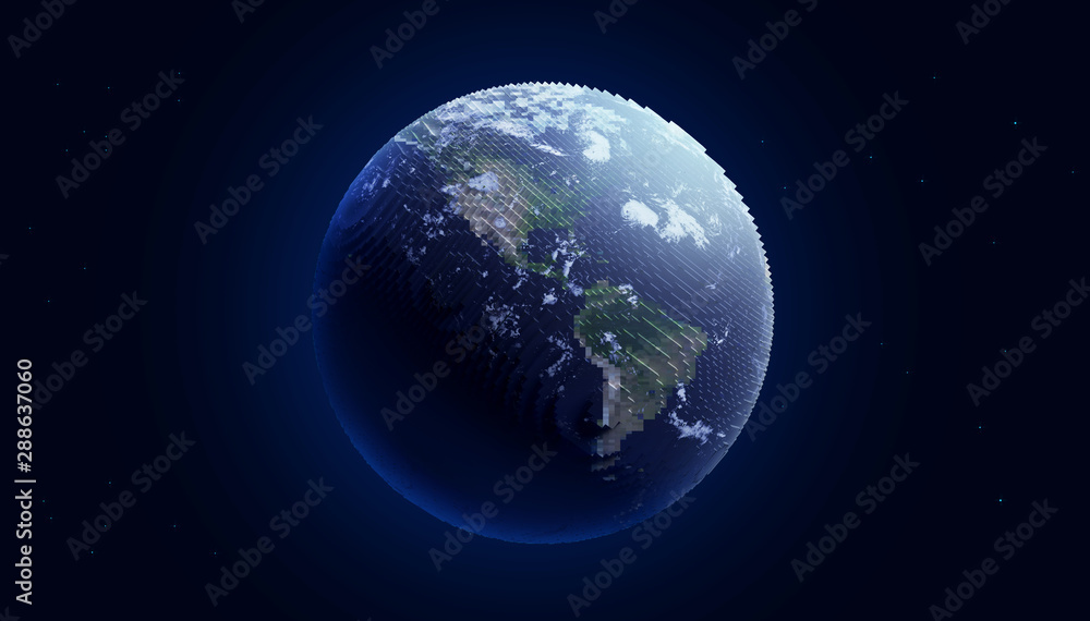 Pixelated Earth, 3D blocks planet, digital world abstract toy planet in ...