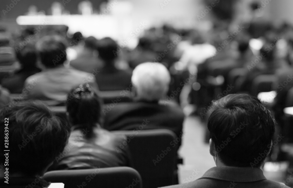 Seminar presenter at conference giving speech. Speaker giving lecture ...