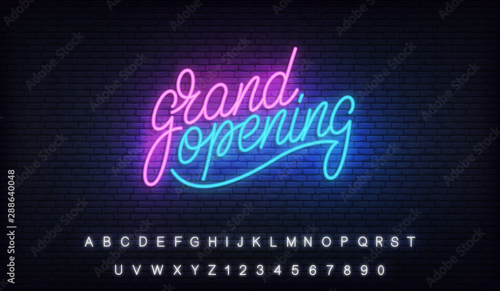 Grand opening neon. Glowing lettering neon billboard sign for opening ...