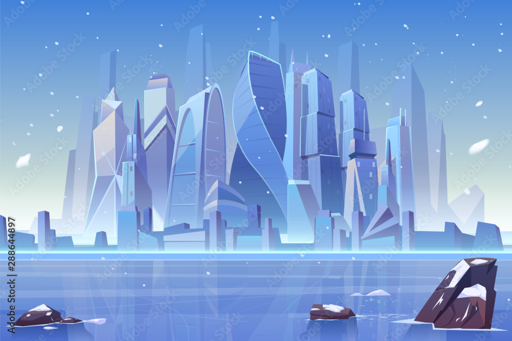 Winter city skyline at frozen waterfront bay. Futuristic metropolis ...