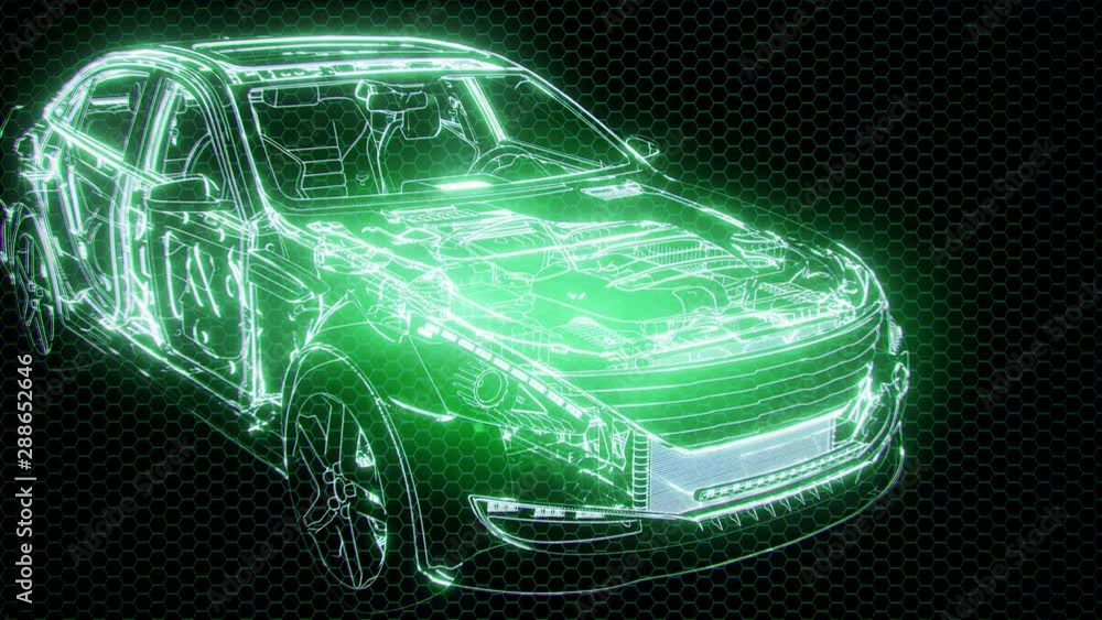 Holographic animation of 3D wireframe car model with engine and otter ...