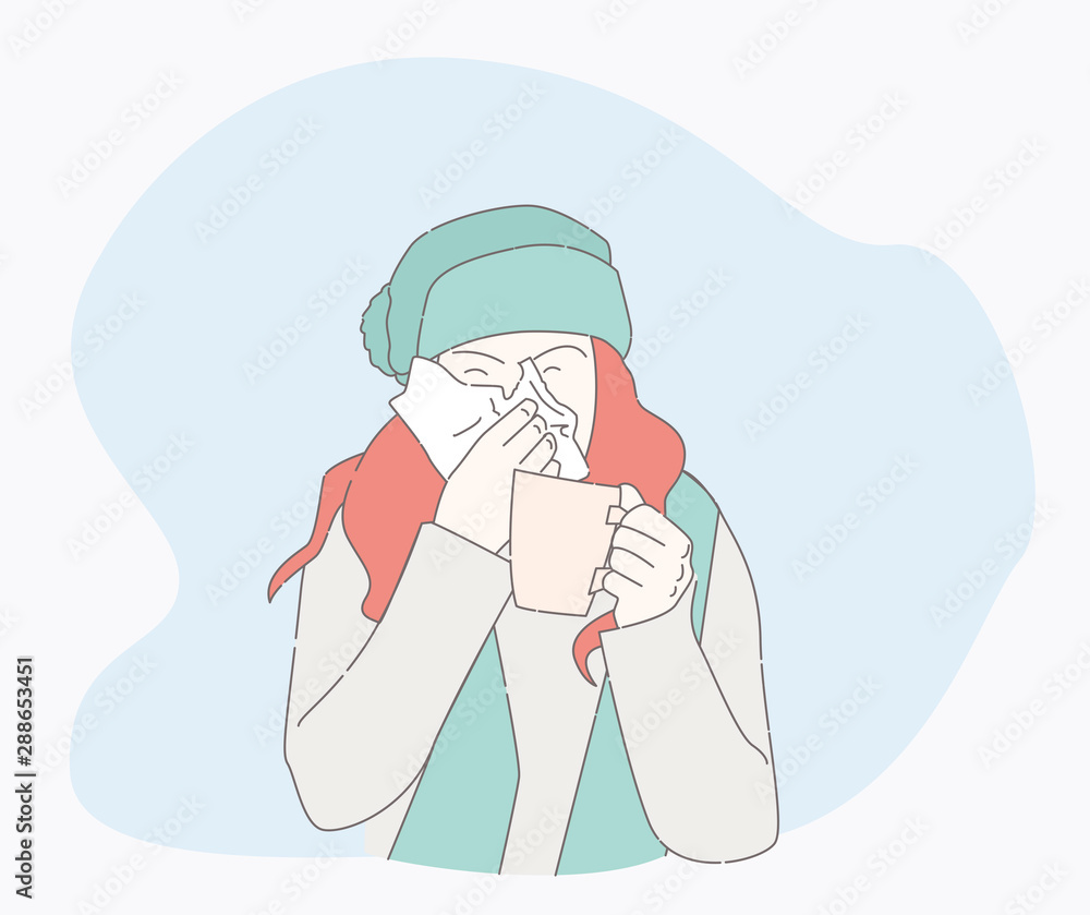 symptoms of a cold patient. hand drawn style vector design ...