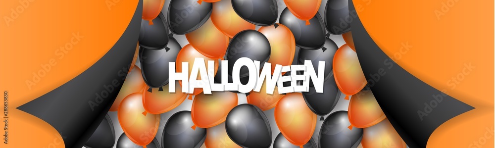 Halloween banner or header design with black and orange balloons and ...