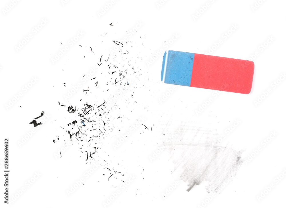 Pencil tip shavings with eraser isolated on white background, top view ...