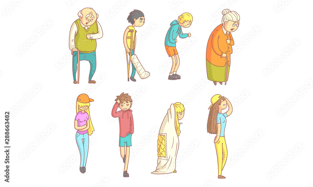 Sick People Characters Set, Guys, Girls and Elderly People Suffering ...
