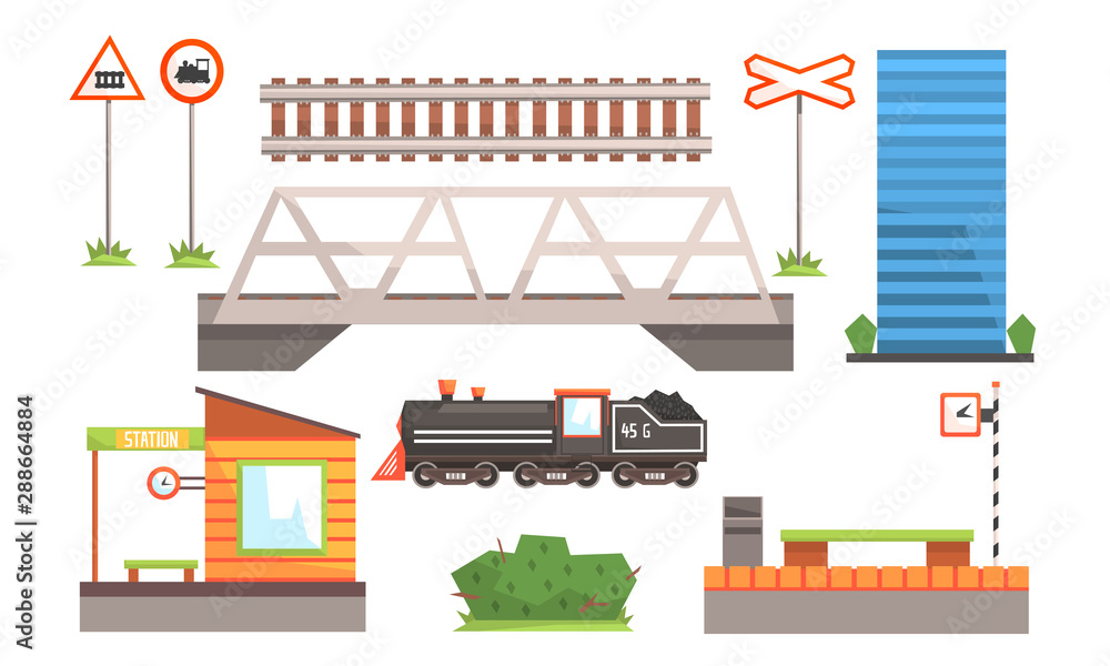 Rail Transport Set, Railway Station, Road Signs, Locomotive, Bridge ...