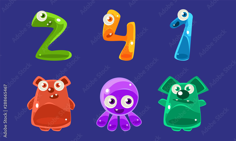 Collection of Jelly Creatures and Numbers, Glossy Colorful Cute Animals ...