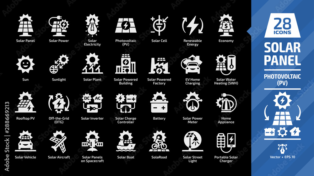 Solar panel icon set in dark mode with sun power photovoltaic (PV) home ...