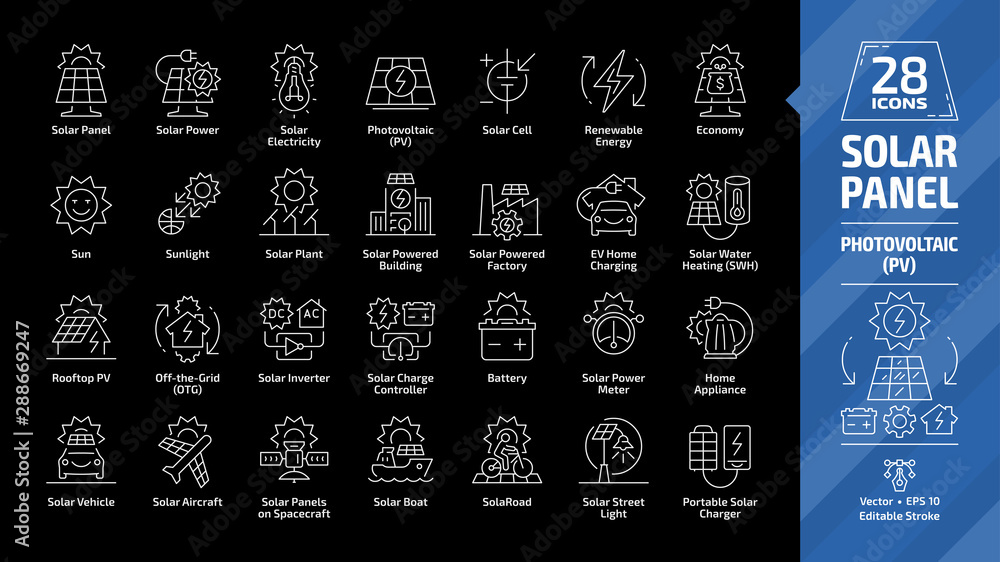 Solar panel outline icon set in dark mode with sun power photovoltaic ...