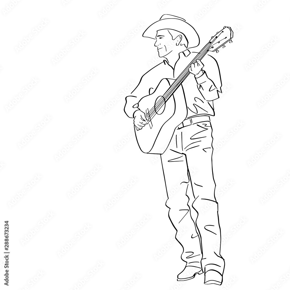 Country musician plays guitar. Male silhouette in cowboy hat and in ...