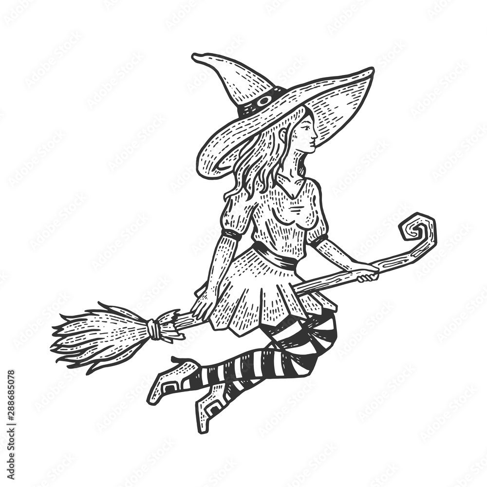 Young beautiful witch girl flying on broomstick sketch engraving vector ...