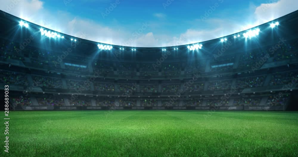 Empty green grass playground in a stadium full of fans at daylight ...