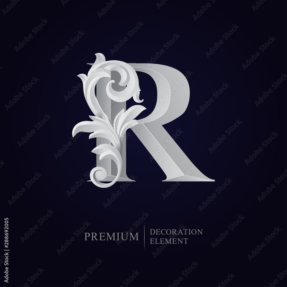 Elegant letter R with floral baroque ornament. Serif capital letter is ...