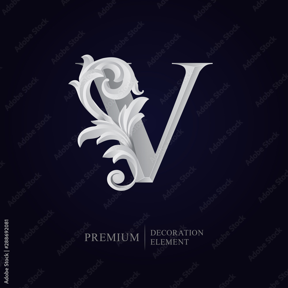 Elegant letter V with floral baroque ornament. Antique capital letter ...