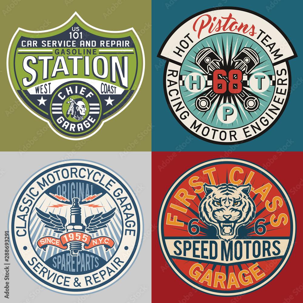 motor service garage patches collection vintage vector artwork for boy ...